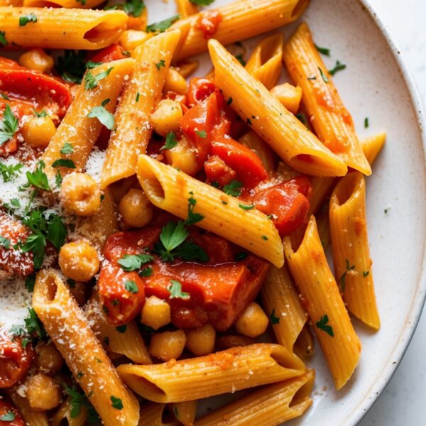 Chickpea Penne with Roasted Red Pepper Sauce Recipe – nabeelafoodhub.com