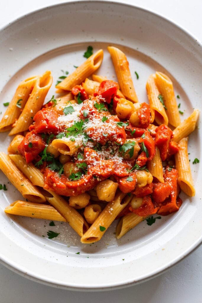 Chickpea Penne with Roasted Red Pepper Sauce Recipe – nabeelafoodhub.com